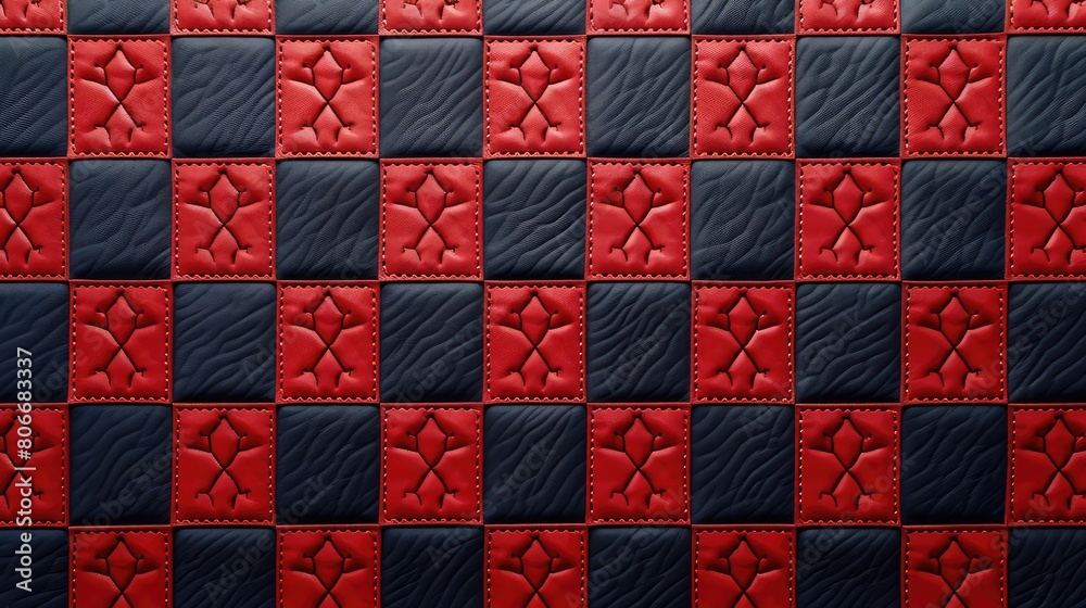 Cherry red checker patterns on a navy blue background with a leather ...