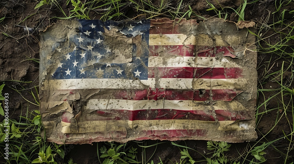 Rugged and tattered American flag as a centerpiece, representing a trek ...