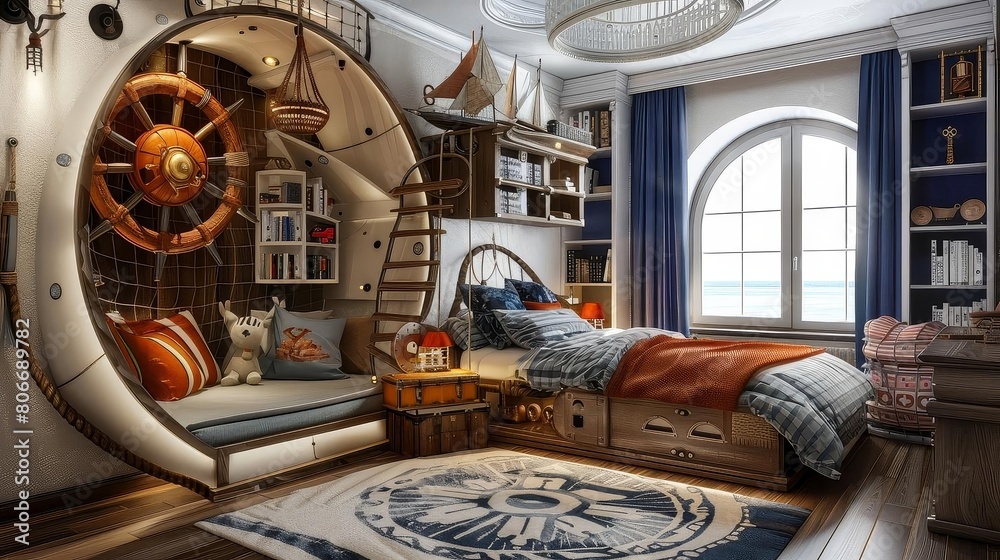adventure themed kids'bedroom featuring a wood bed with blue and orange ...