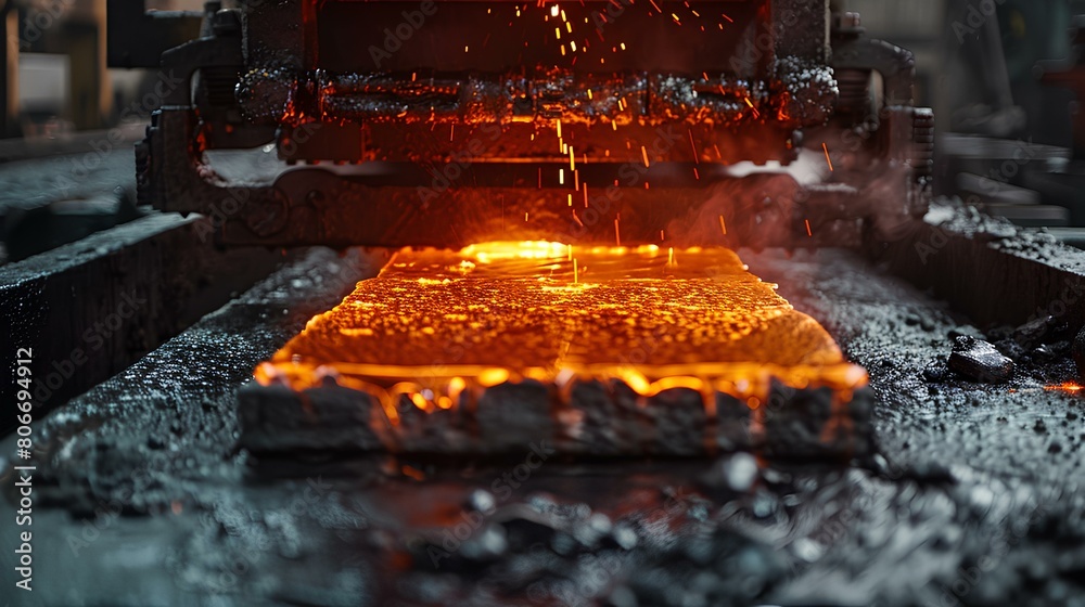 Molten Metal Slab Cutting in Industrial Steel Mill,Intense industrial ...