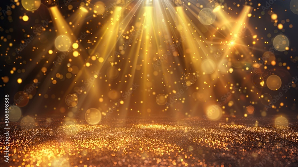 Stage light and golden glitter lights. Abstract gold background for ...