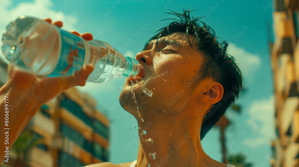 Heat wave, Photo of a young Asian They were thirsty and were drinking ...