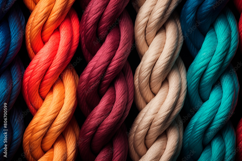 Richly textured image of intertwined ropes in various colors ...