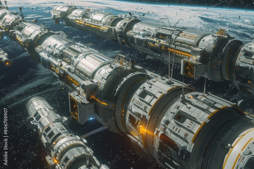 Render a fleet of spacecraft designed for human migration, showcasing ...