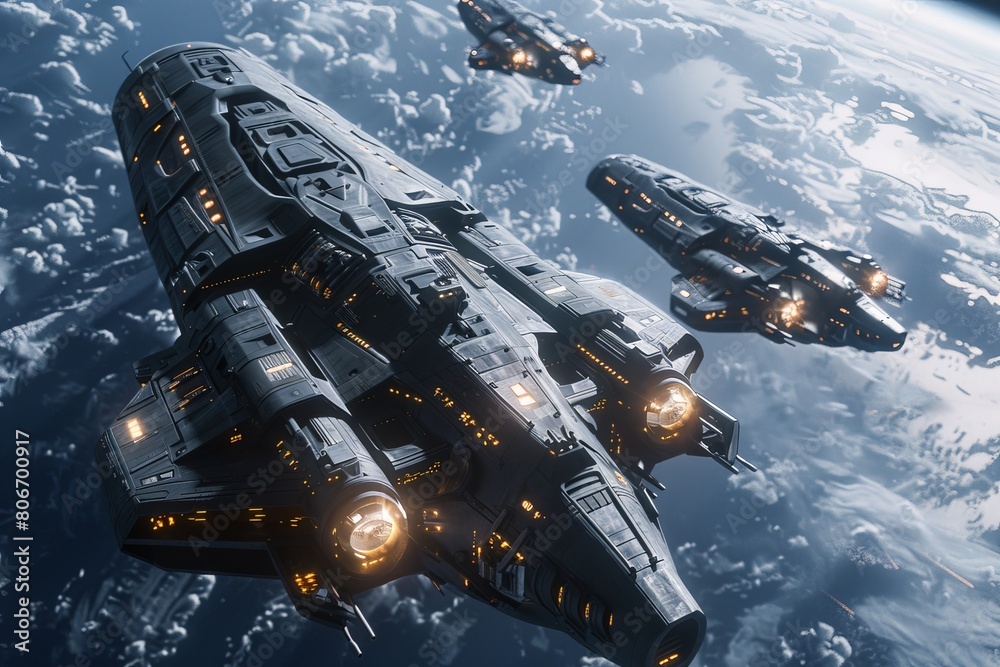 Render a fleet of spacecraft designed for human migration, showcasing ...