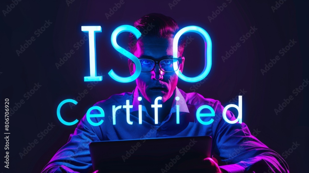 "Professional working on laptop under neon lights with ISO Certified ...
