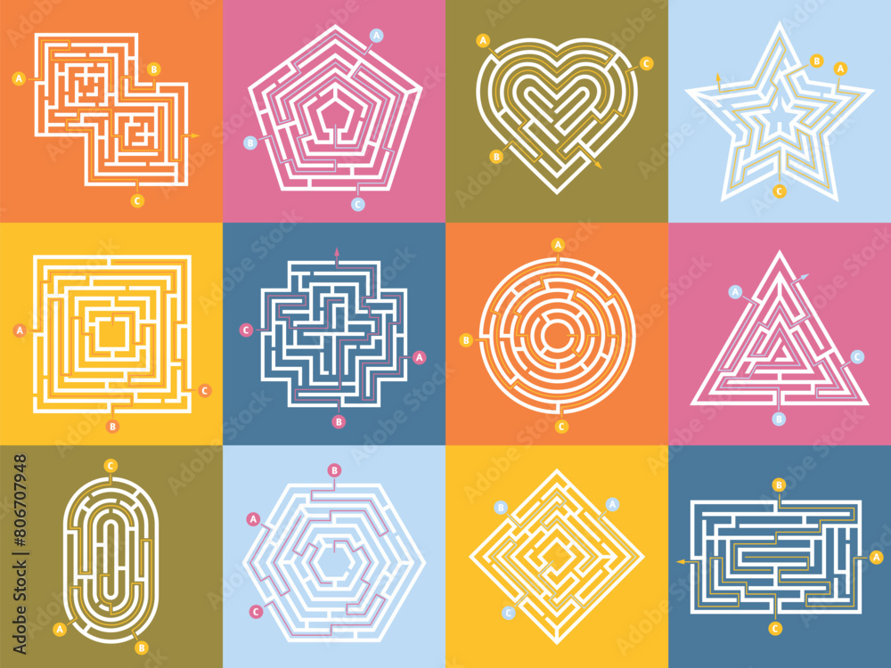 Labyrinth game. Maze conundrum, labyrinth way rebus and many entrance ...