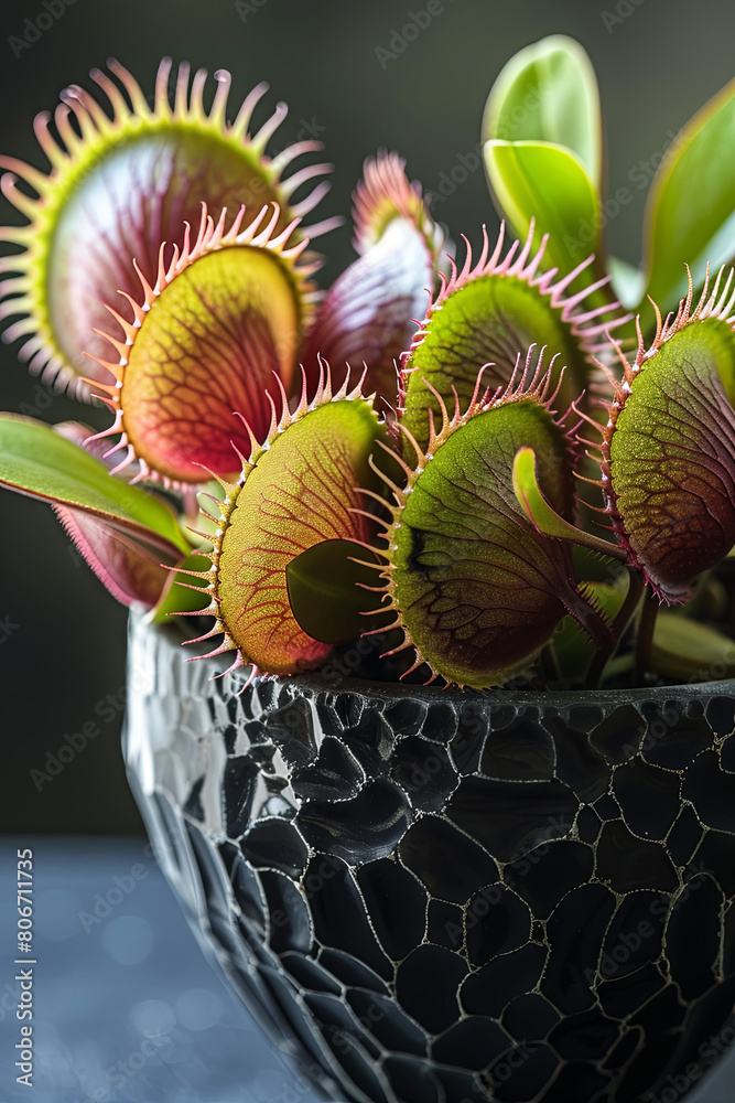 Venus flytrap in the pot on the dark background, carnivorous plant ...