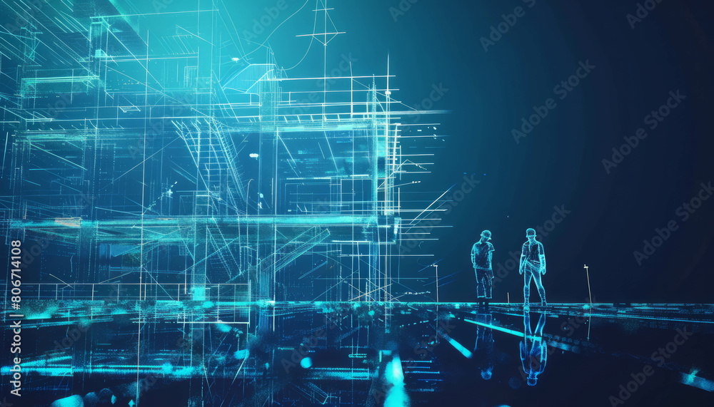 Bright blueprint lines depicting detailed building plans for ...