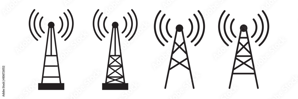 Radio Tower Icon Set Radio Tower Mast With Radio Waves Radio Antenna
