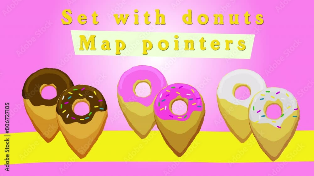 Animated map pointers in the form of cartoon donuts of different colors ...