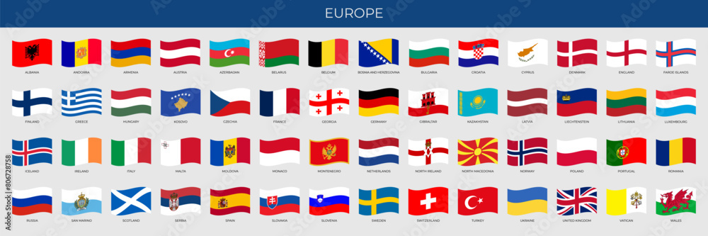 A set of wave-shaped flags of European countries. Detailed national ...