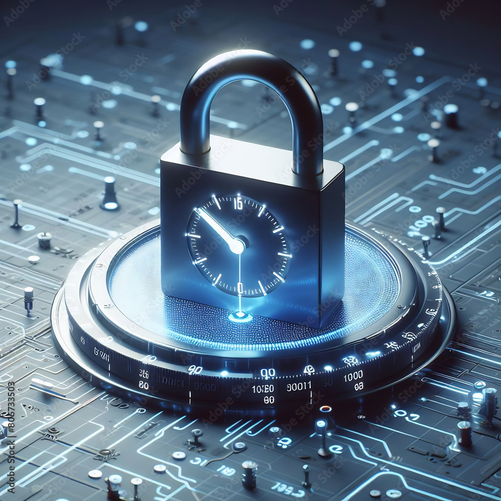 Time-locked data concept, analog clock over a lock against a background ...