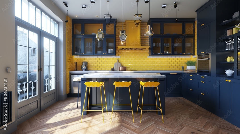 Navy blue kitchen cabinets with mustard yellow subway tile backsplash ...