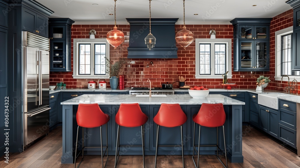 Navy blue kitchen cabinets with rust red subway tile backsplash and ...