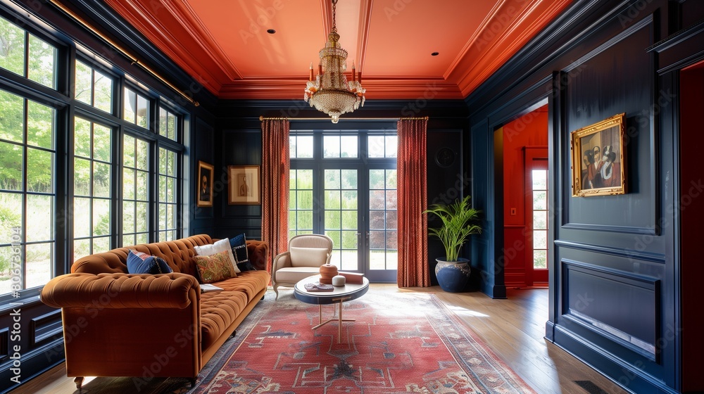 Navy blue walls with rust red wainscoting and rust red ceiling with ...