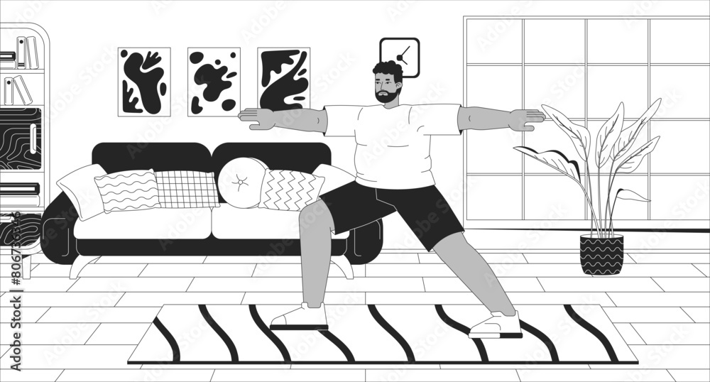 African american corpulent man practicing yoga black and white line ...