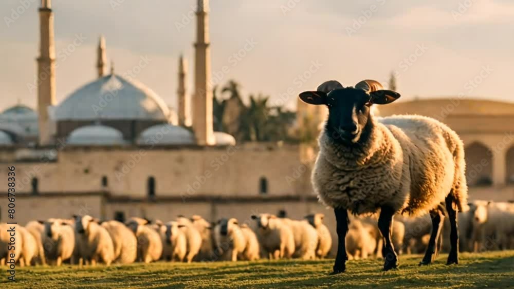 a group of sheep in front of the mosque with the sun rising, Eid Al ...