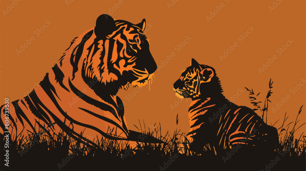 Cartoon tiger mom and cub over grass in color section Stock Vector ...
