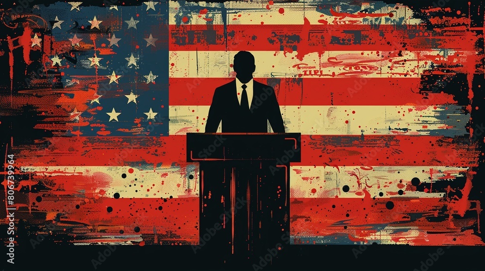 A powerful image depicting the 2024 presidential candidate at a podium ...