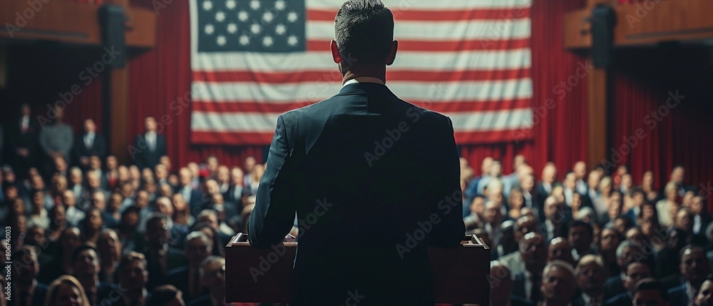 A shot capturing the 2024 presidential candidate at a podium, with the ...