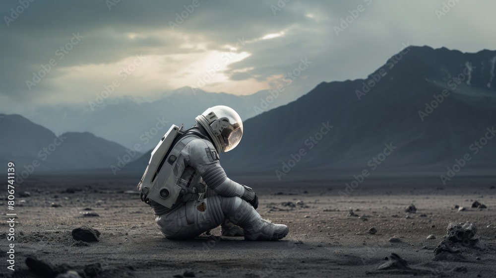 Astronaut exploring an exoplanet. Sci-fi colonist in spacesuit walks on ...