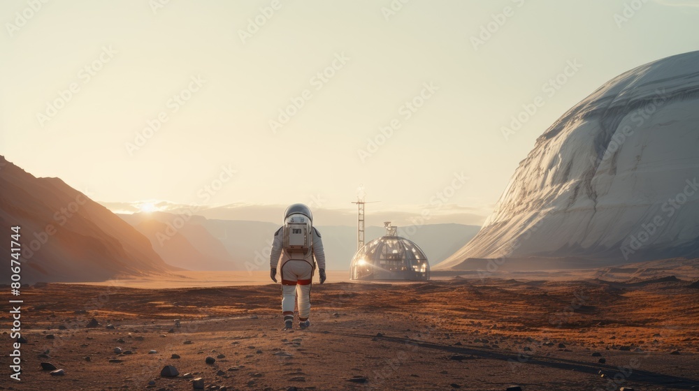 Astronaut exploring an exoplanet. Sci-fi colonist in spacesuit walks on ...