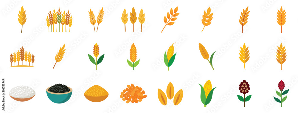 Collection of Grain and Cereal Icons, vector flat cartoon illustration ...