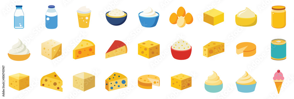 Collection of Dairy Products and Cheese Icons, vector flat cartoon ...