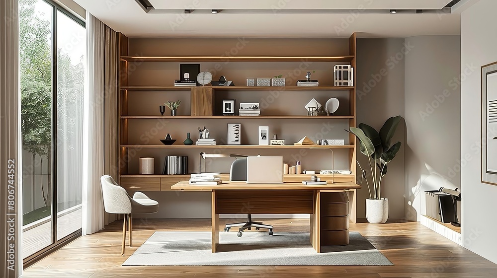 modern minimalist study room with built - in shelving, featuring a ...