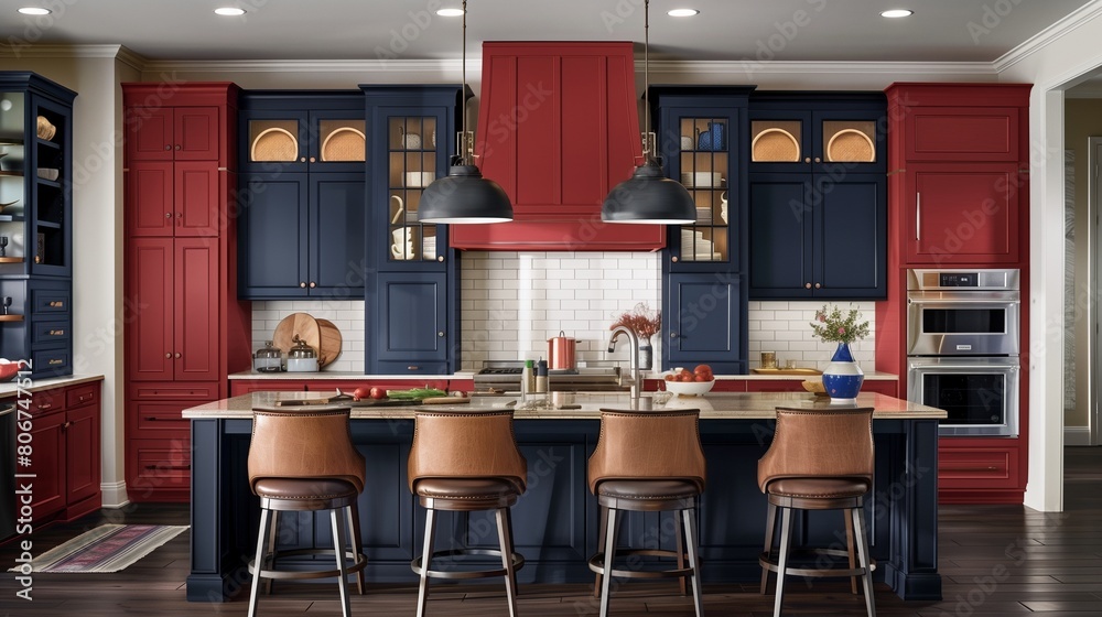 Rust red kitchen cabinets with navy blue island and navy blue pendant ...