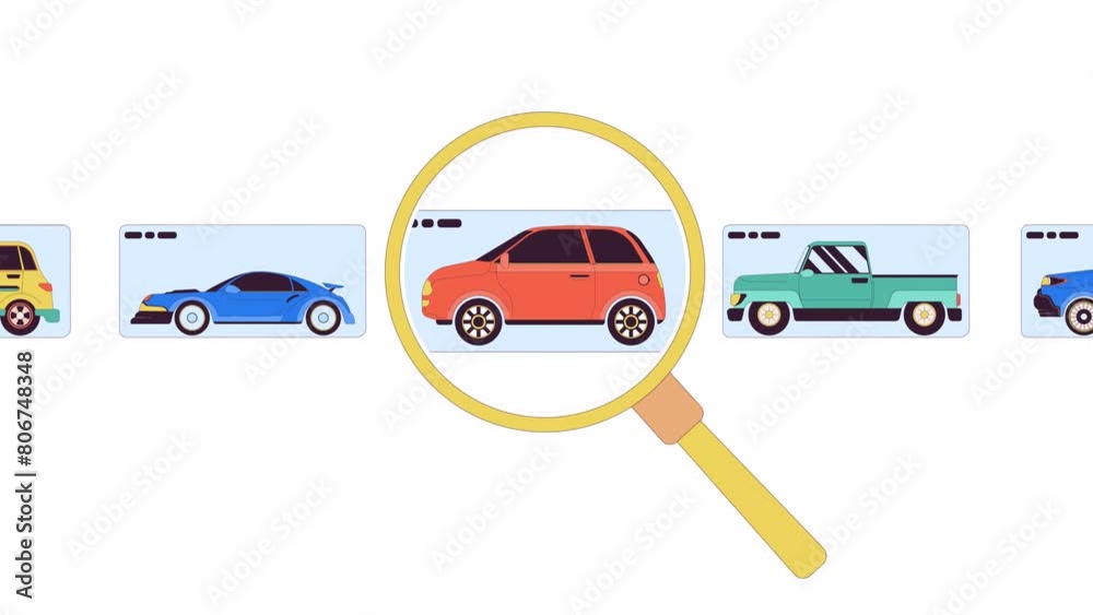 Choosing car online line 2D animation. Seeking auto on website with ...
