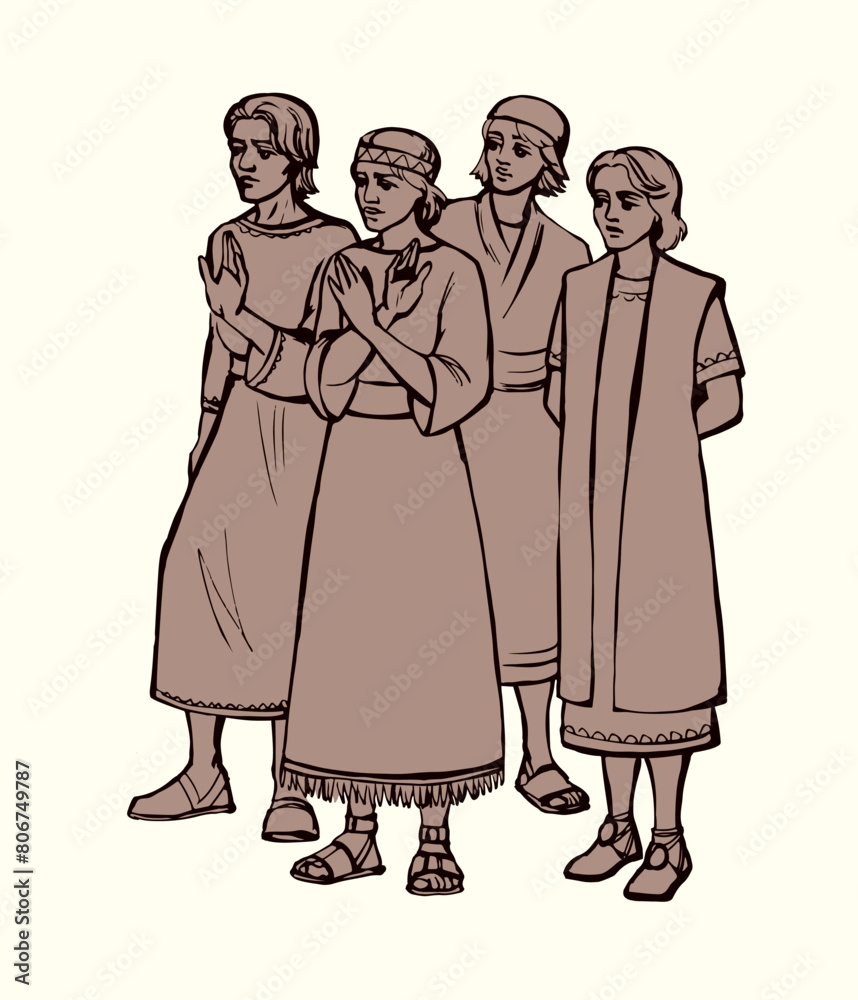 Vector drawing. Daniel and his friends refuse the king's food Stock ...