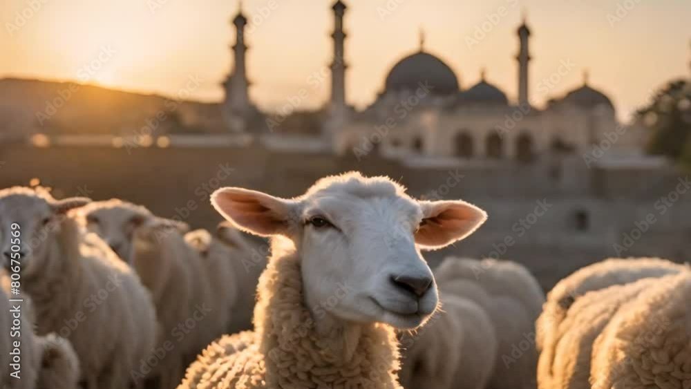 a group of sheep in front of the mosque with a clear sky, Eid Al Adha ...