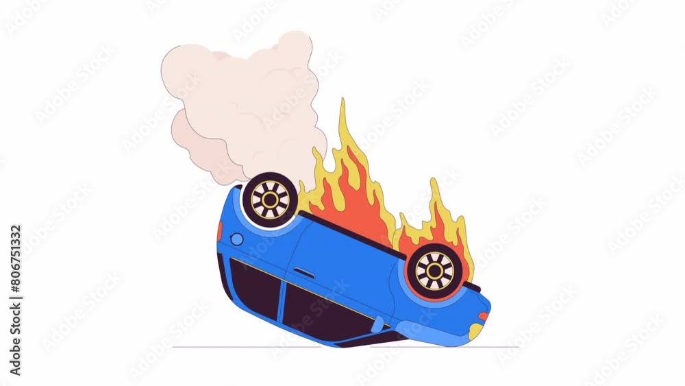 Car upside down on fire line 2D object animation. Flame on vehicle ...