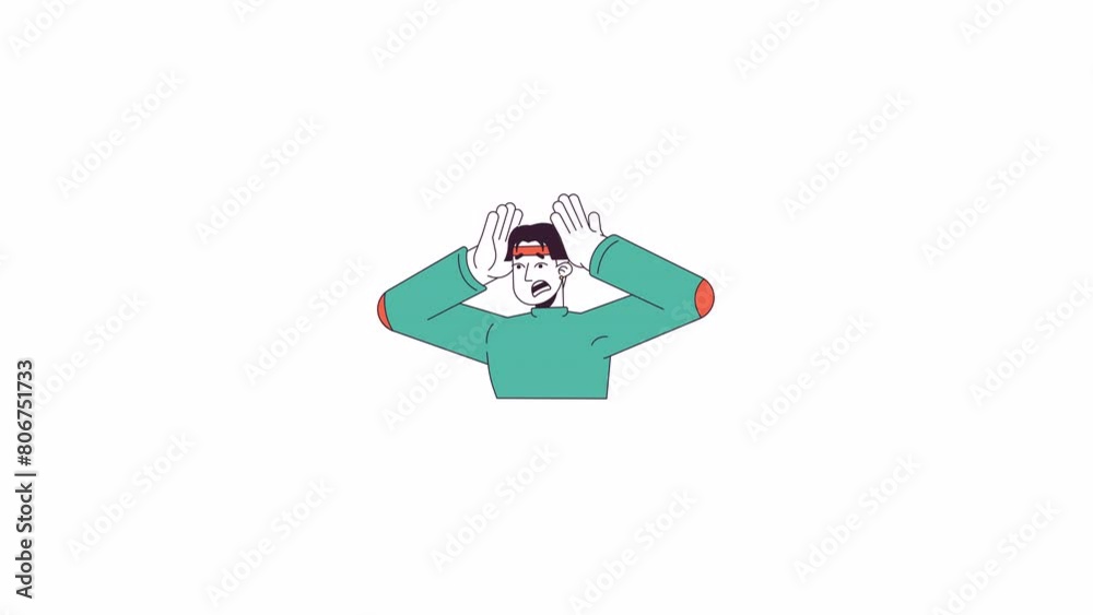 Asian man squeezing head in stress line 2D character animation ...