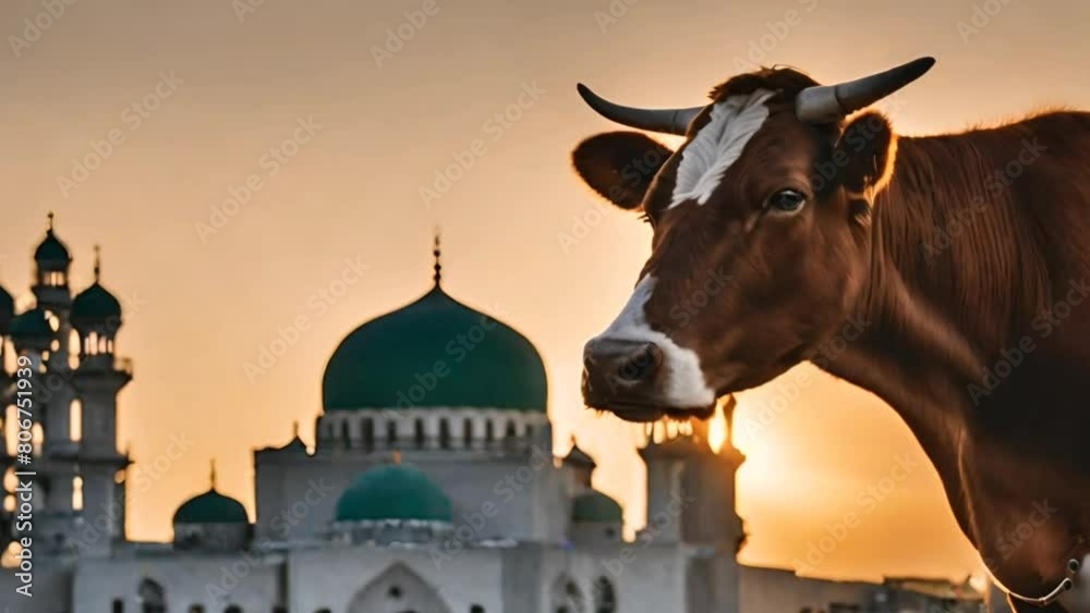 A cow in front of the mosque with the sun rising, Eid Al Adha - Islamic ...