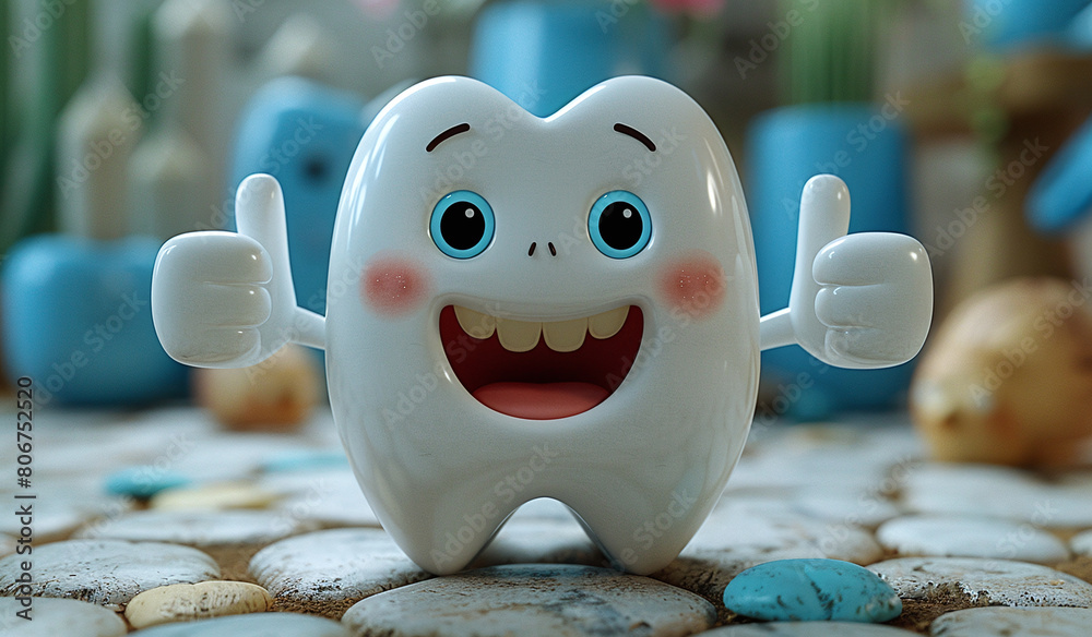 A cheerful cartoon tooth character with big eyes and a wide smile ...