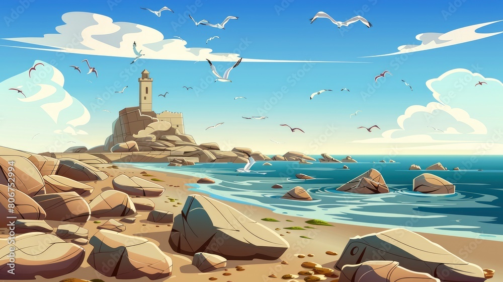 Seashore Background With Stone Construction, Capturing The Rugged ...