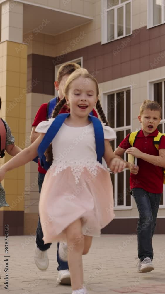 happy children school backpacks run game recess group team runners ...