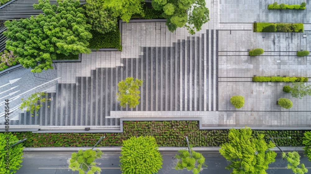 Urban renewal. Asphalt road, concrete stairs and rectangular stone ...
