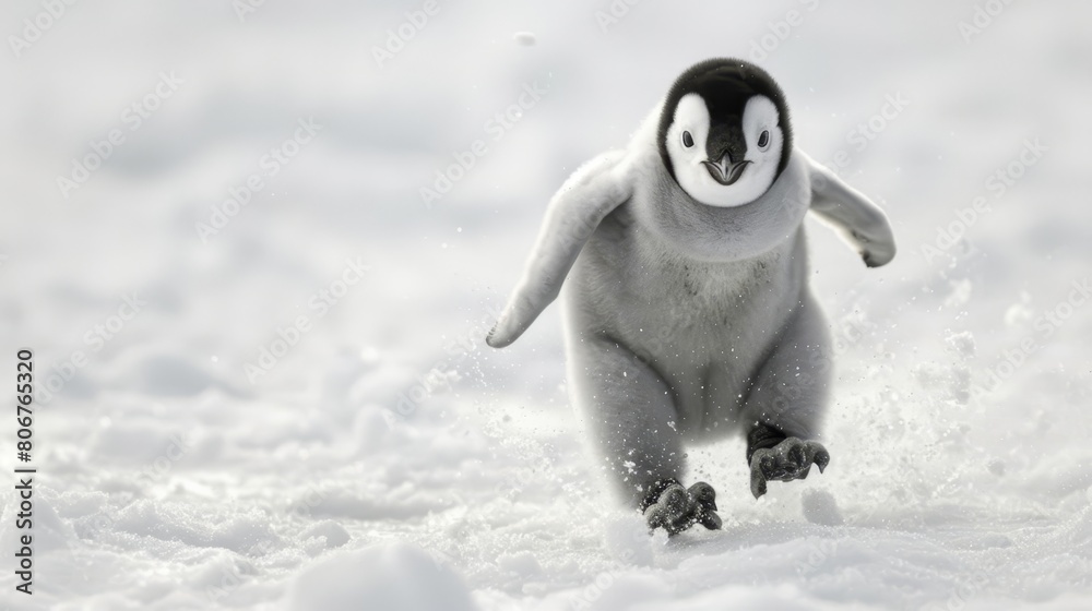 A penguin runs through the snow, spreading its legs and opening its ...