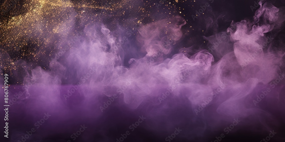 Purple smoke empty scene background with spotlights mist fog with gold ...