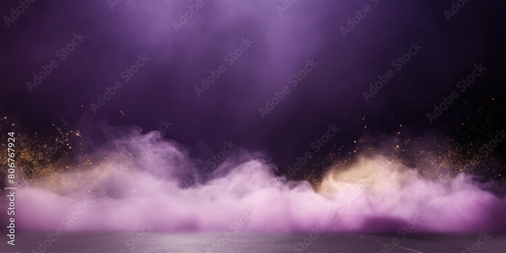 Purple smoke empty scene background with spotlights mist fog with gold ...