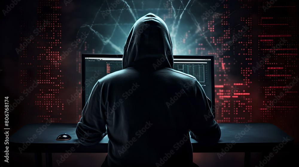 on dark room with red lights neon Back view of an anonymous person in a ...