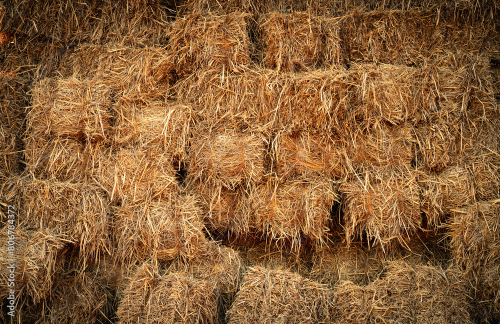 Dry straw bale and agricultural byproducts. stacked yellow straw bales ...