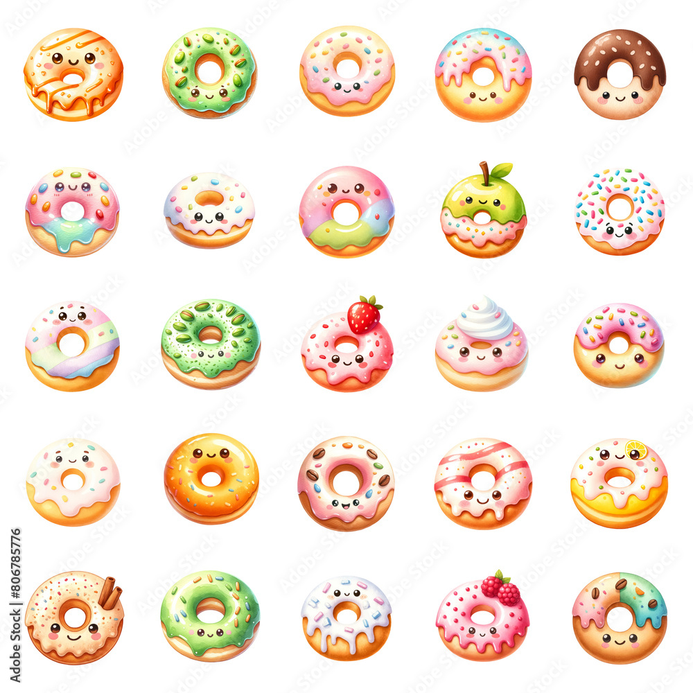 Collection of watercolor colorful donuts with cute faces, each uniquely ...