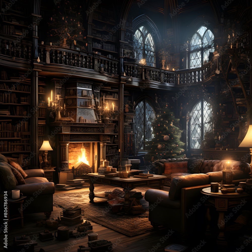 interior of an old school library with books and a fireplace. 3d ...