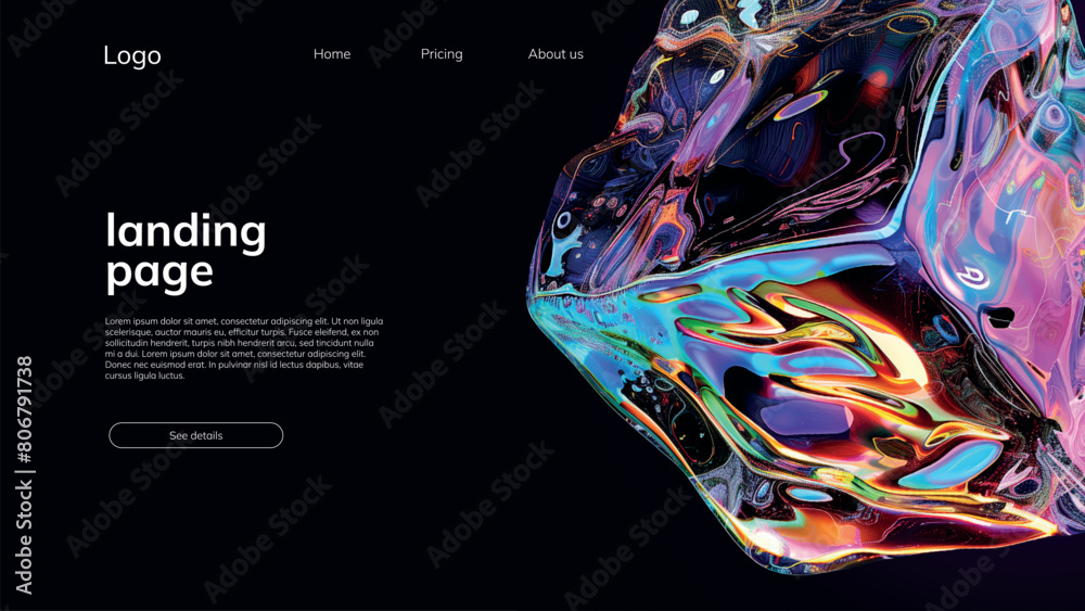landing page template with bright fluid holographic ice cube Stock ...