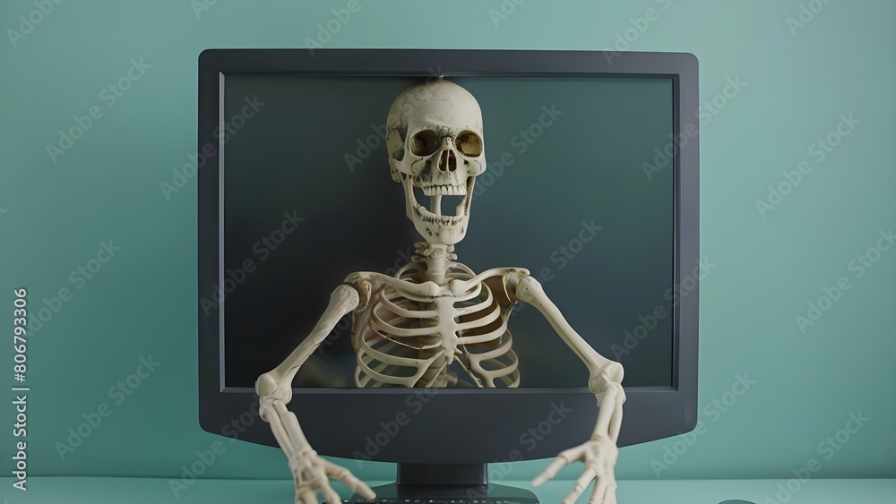 Skeleton emerges from computer monitor in streaming entertainment ...
